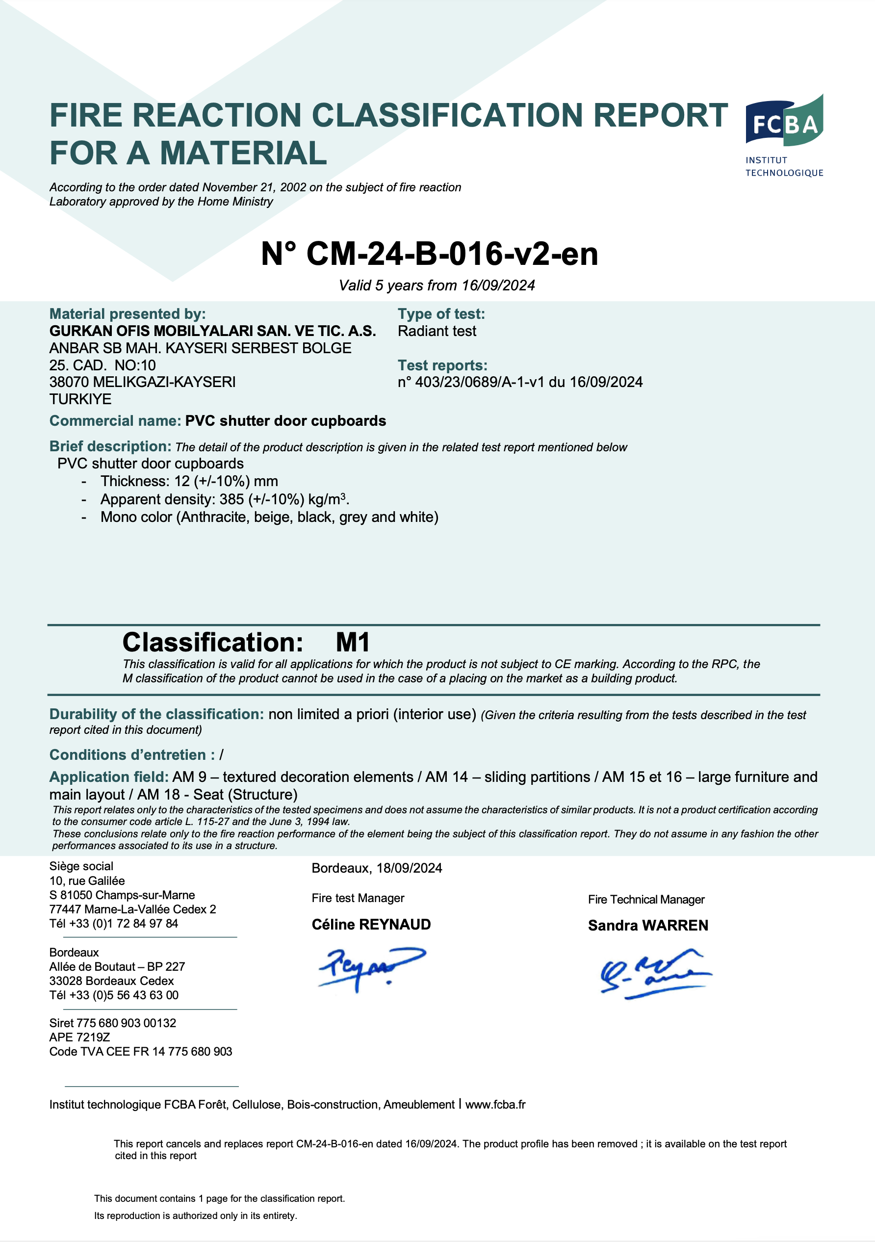 Gürkan Metal Mobilya - Gurkan Metal Furniture - M1 Certificate